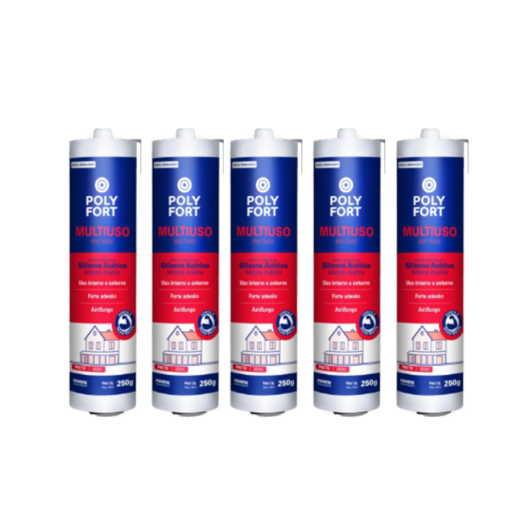 Kit 5 Adesivo Silicone Acético Multiuso 250g Preto Polyfort